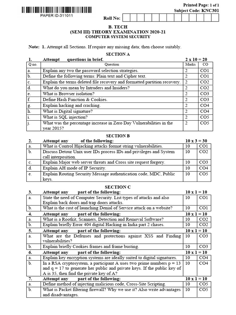 Btech NC 3 Sem Computer System Security knc301 2021 | PDF | Public Key ...