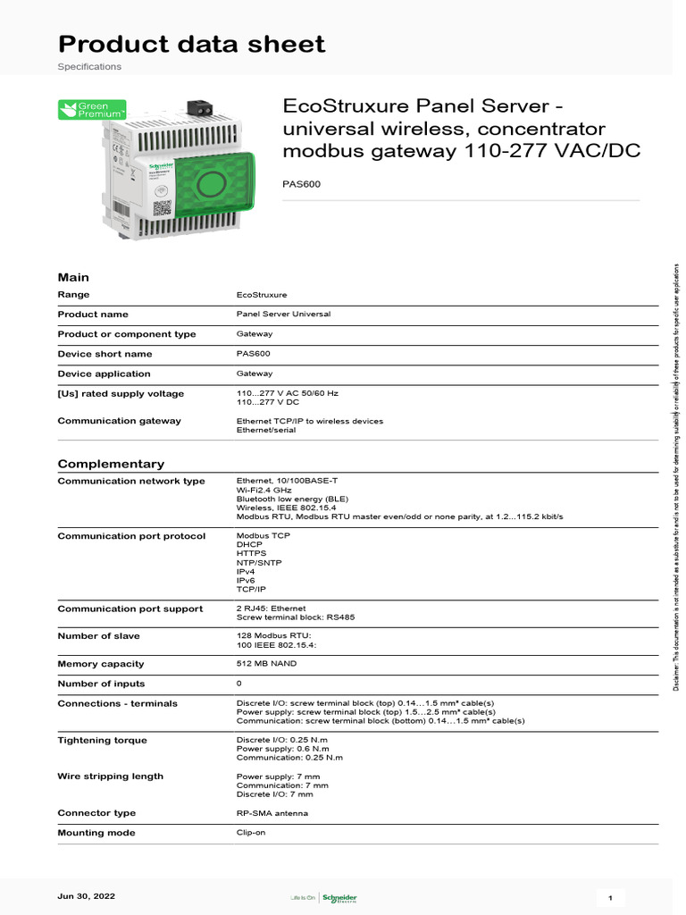 EcoStruxure Panel Server - PAS600 | PDF | Computer Network | Power Supply