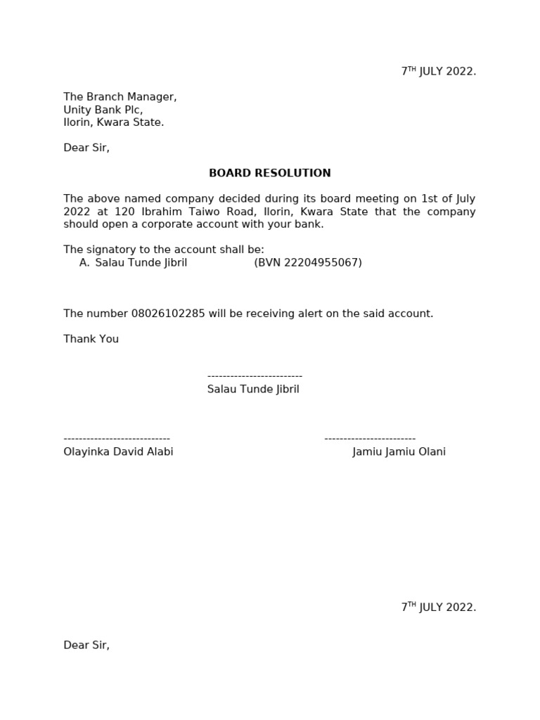 Board Resolution to Open Bank Account | PDF