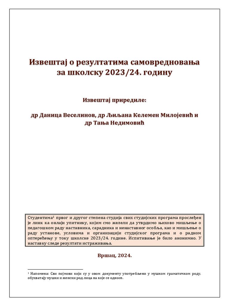 Izvestaj o Rezultatima Samovrednovanja Za Skolsku 2023 24 | PDF