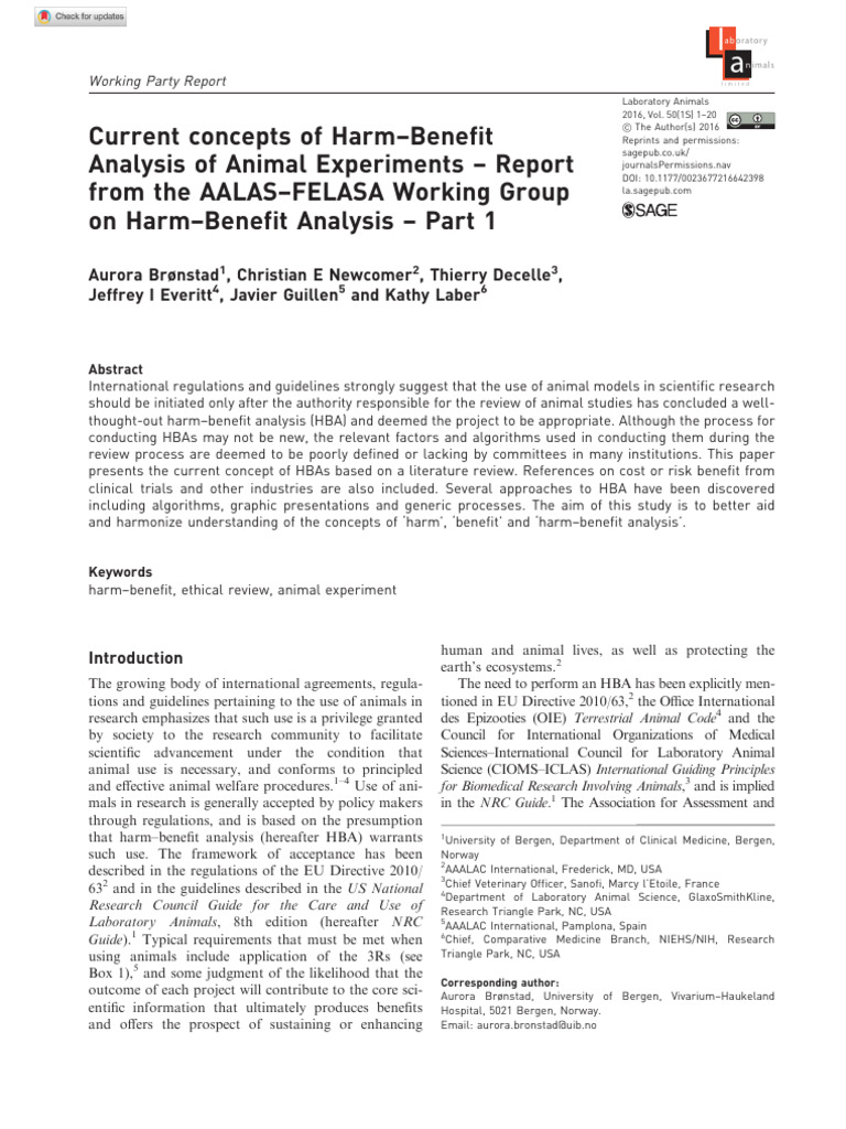 Bronstad Et Al 2016 Current Concepts of Harm Benefit Analysis of Animal Experiments Report From ...