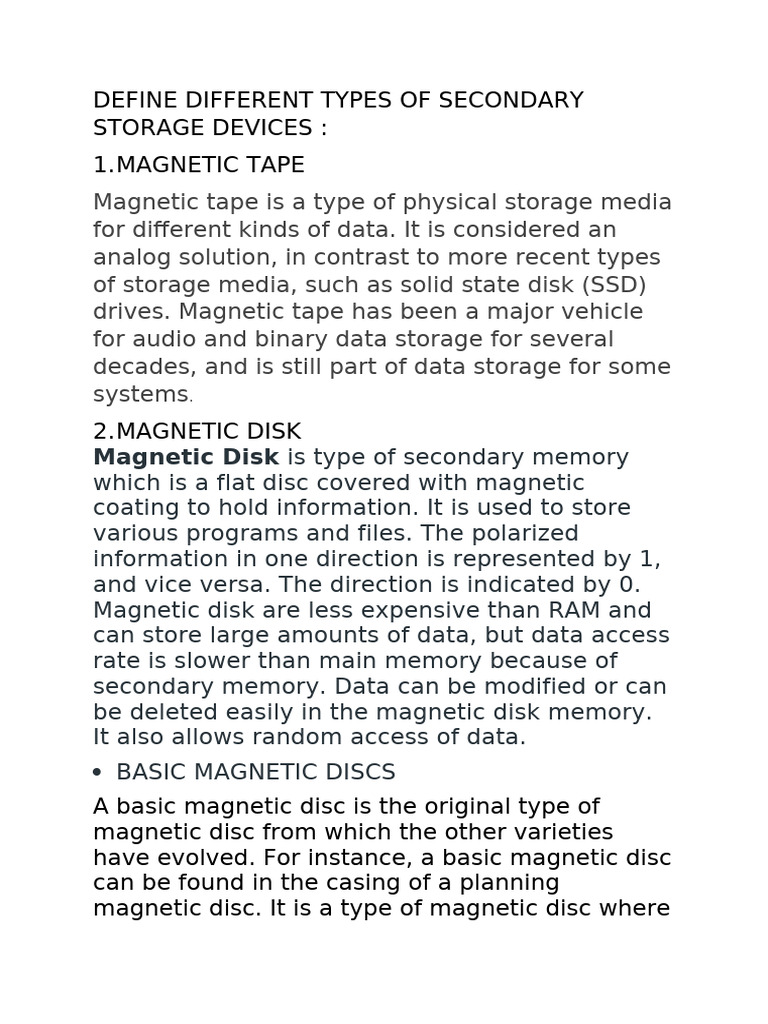 Define Different Types of Secondary Storage Devices | PDF | Computer ...