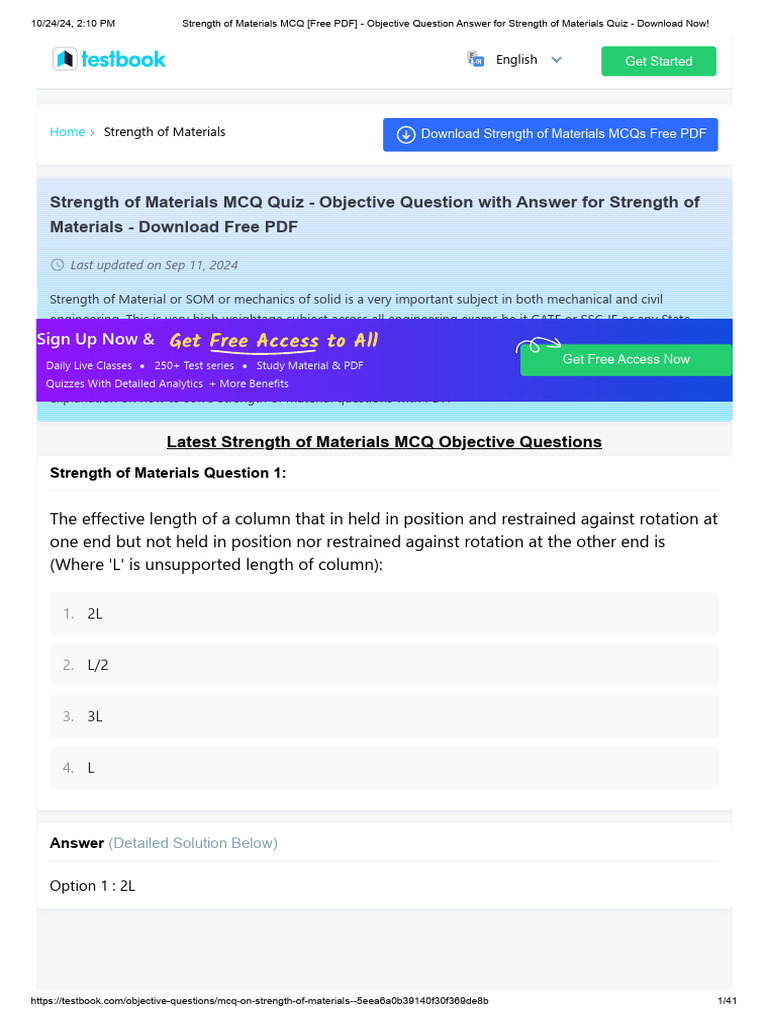 Strength of Materials MCQ (Free PDF) - Objective Question Answer For ...
