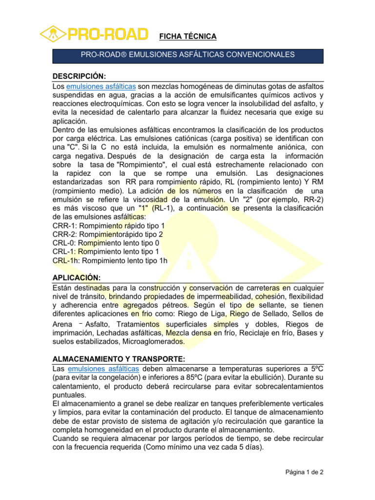 Emulsiones Asfálticas PRO-ROAD® | PDF | Emulsión