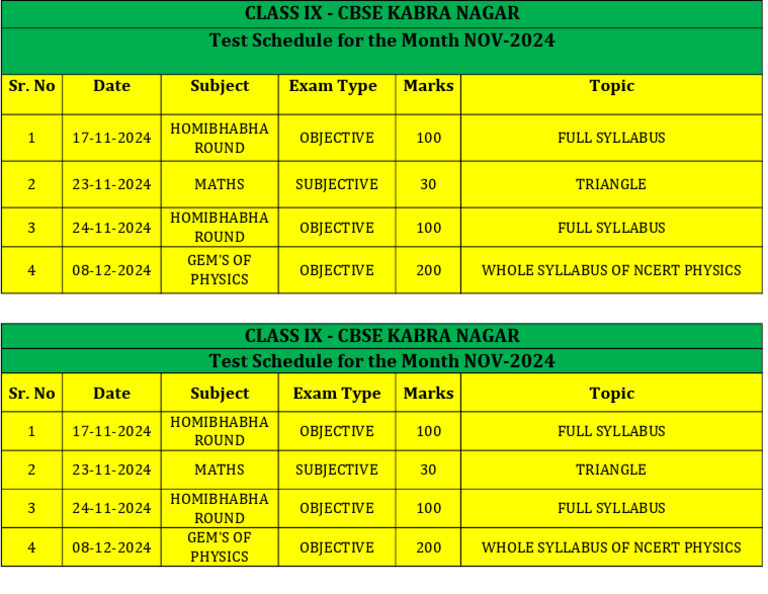 Ix Cbse Test Schedule For Nov-2024 | PDF