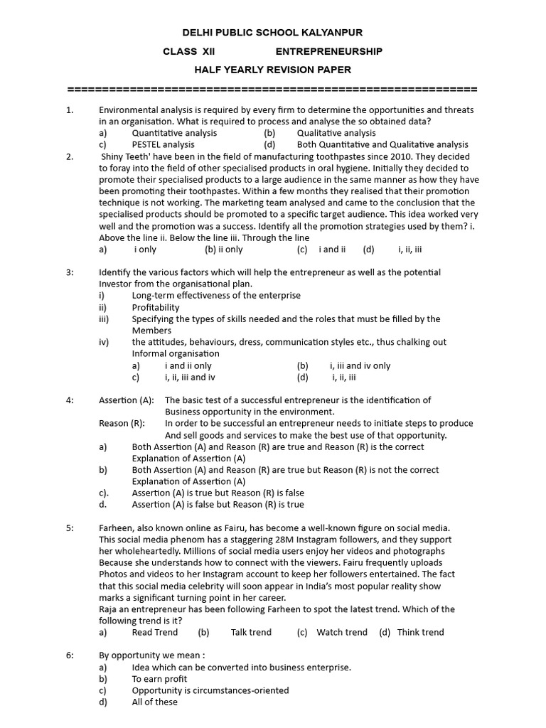 Entrepreneurship Revision Paper Half Yearly Updated | PDF ...