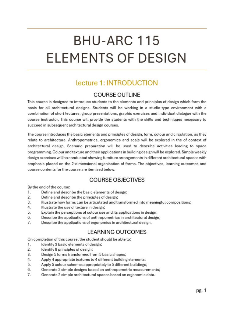 BHU-ARC 115 Elements of Design: Lecture 1: INTRODUCTION | PDF | Design ...