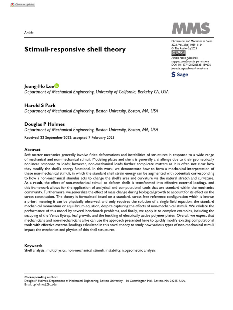 Lee Et Al 2023 Stimuli Responsive Shell Theory | PDF | Tensor | Stress ...
