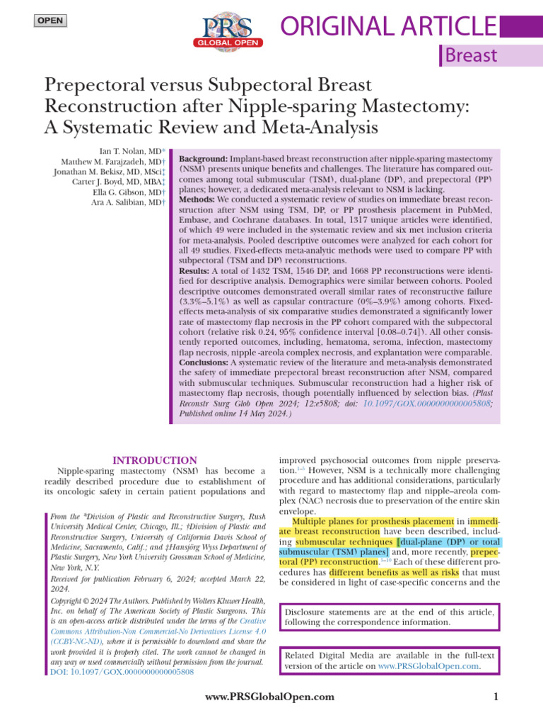 Prepectoral Versus Subpectoral Breast.23 | PDF | Medical Specialties