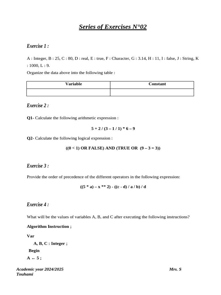 Series of Exercises N°2 | PDF | Arithmetic | Computer Programming