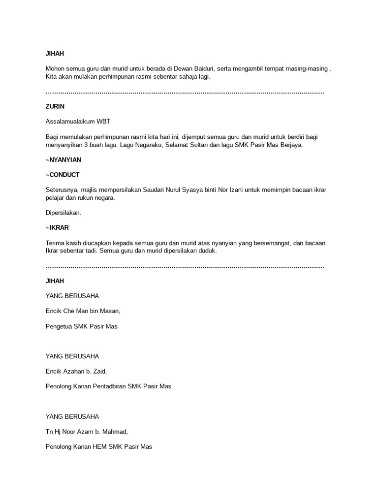 Skrip Emcee Perhimpunan | PDF | Griya & Taman