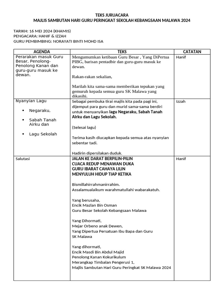 Teks Juruacara Majlis Hari Guru 2024 | PDF