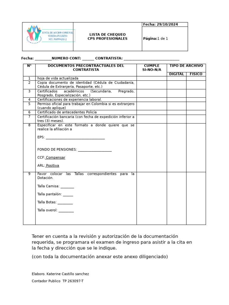 Lista Chequeo Personal de Obra | PDF | Finanzas y dinero