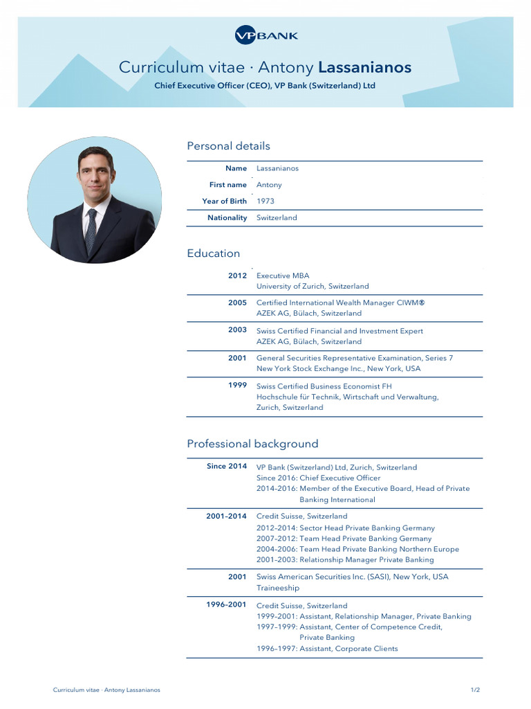 CV Antony Lassanianos CEO VP Bank Schweiz | PDF | Credit Suisse | Financial Services Companies