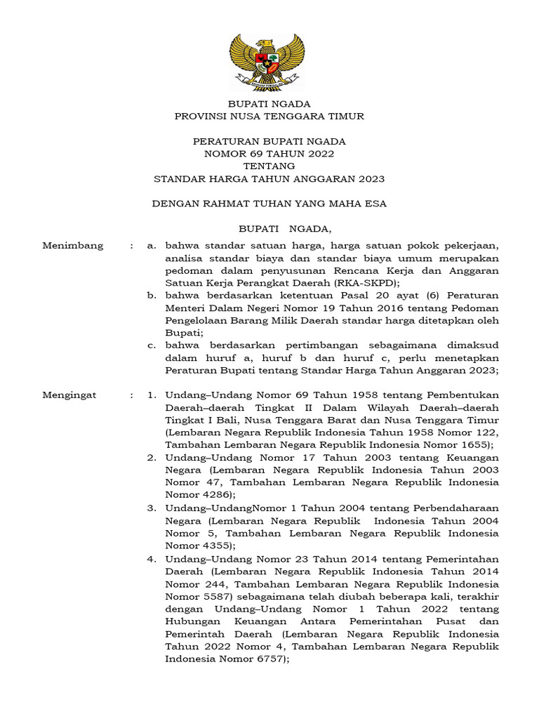 Standar Harga Ngada 2023: Peraturan Bupati | PDF