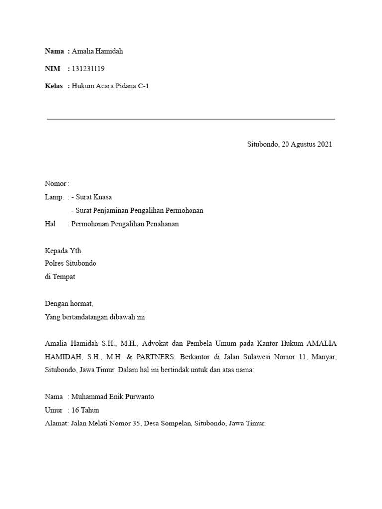 Surat Permohonan Pengalihan Penahanan | PDF