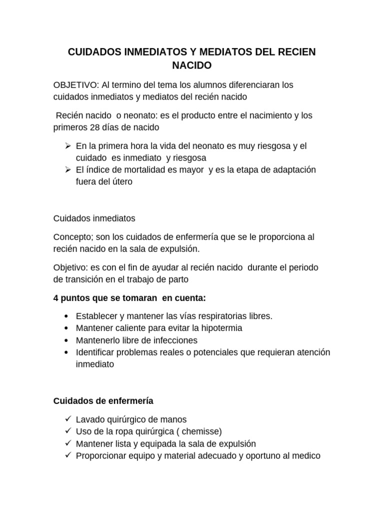 Cuidados Inmediatos y Mediatos Del Recien Nacido | PDF | Infantes | Parto