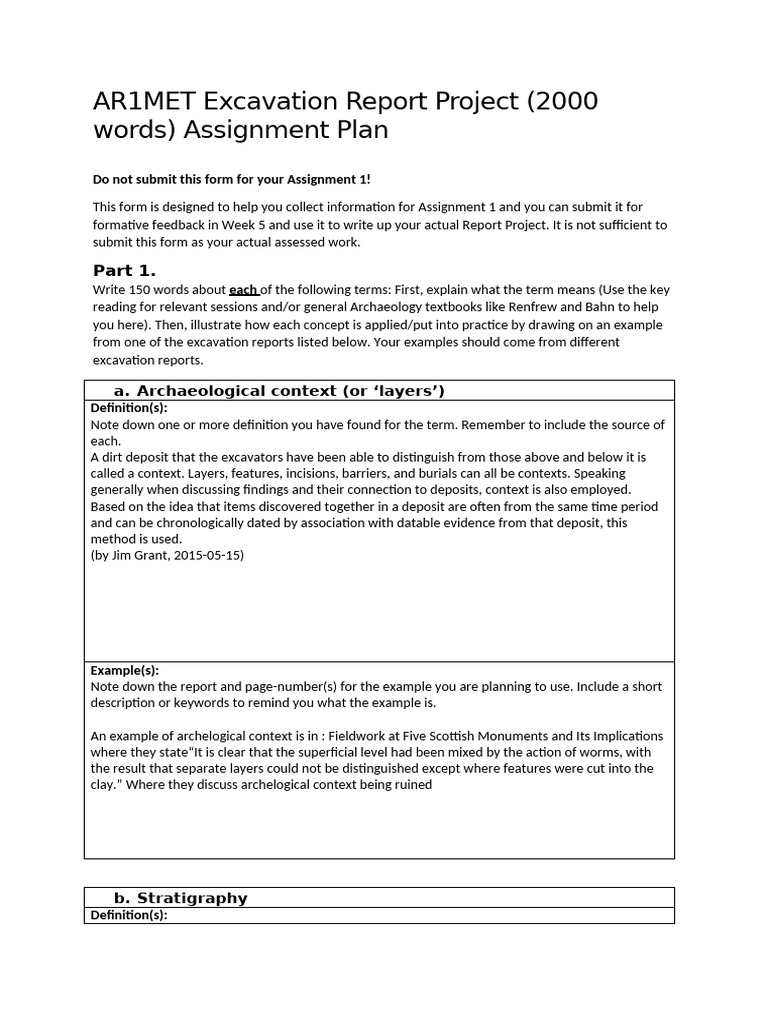Excavation Report Assignment Guide | PDF | Stratigraphy | Archaeology