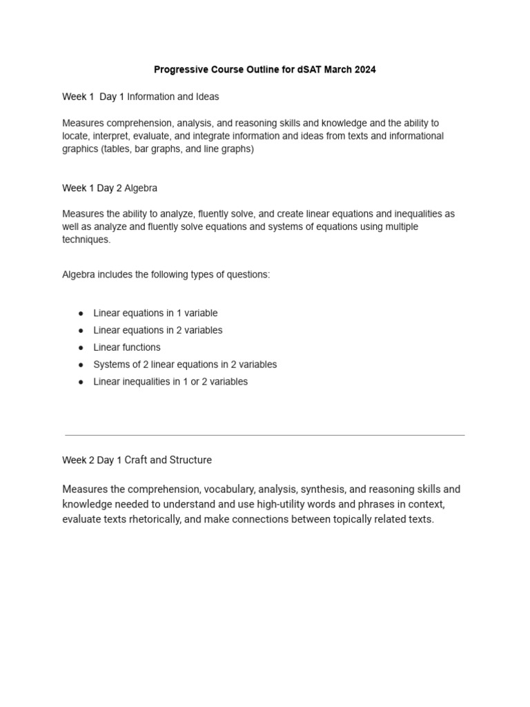 Progressive Course Outline For DSAT March 2024 | PDF | Equations ...