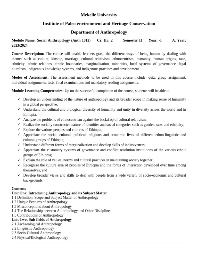 Course Outline Anth Module | PDF | Anthropology | Ethnicity