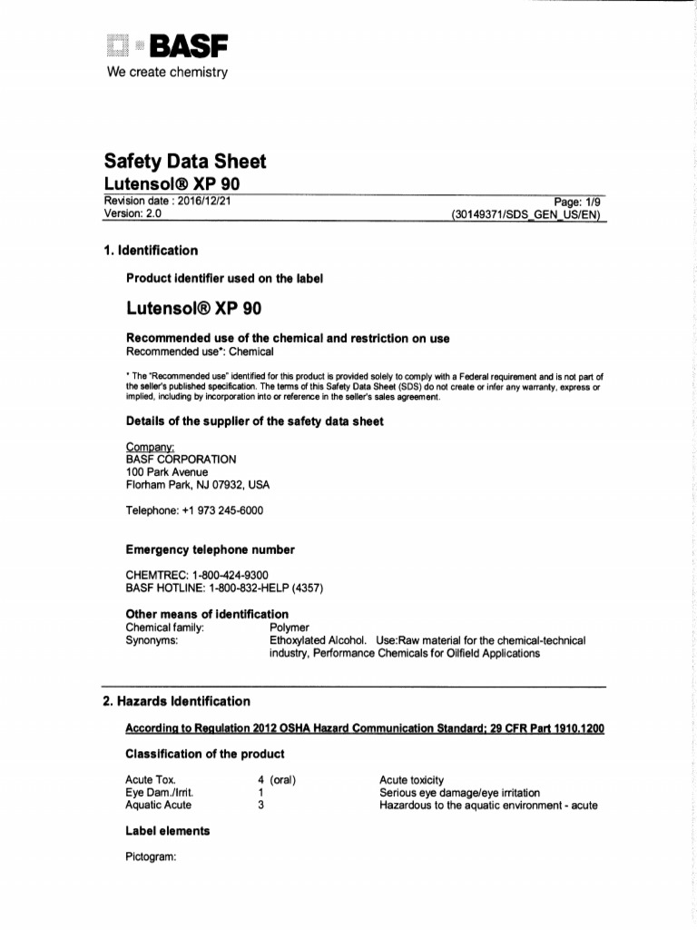 CoAs... Lutensol XP 90. SDS (BASF) | PDF