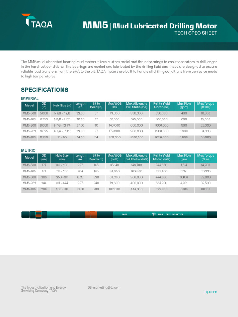 MM5 Mud Motor Tech Specs | PDF | Drilling | Bearing (Mechanical)