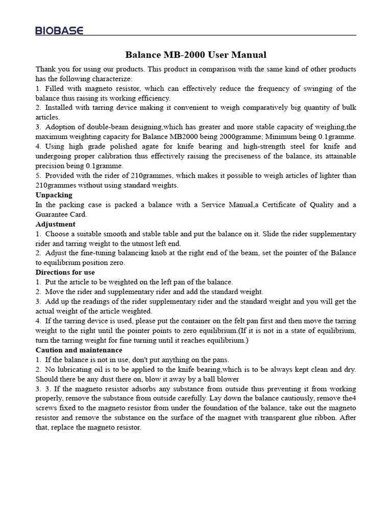 BIOBASE Balance MB-2000 User Manual 202309 | PDF | Bearing (Mechanical) | Weight