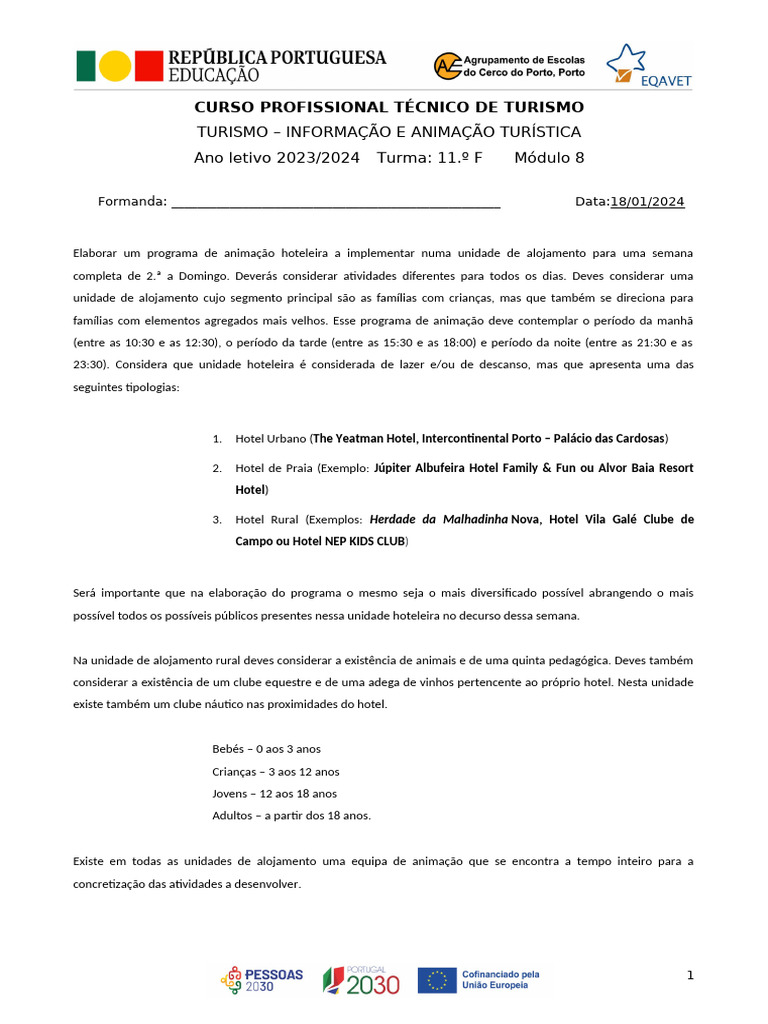 Ficha de Trabalho N.º 1 Do Módulo 8 - TIAT - 11.ºF | PDF | Negócios | Turismo