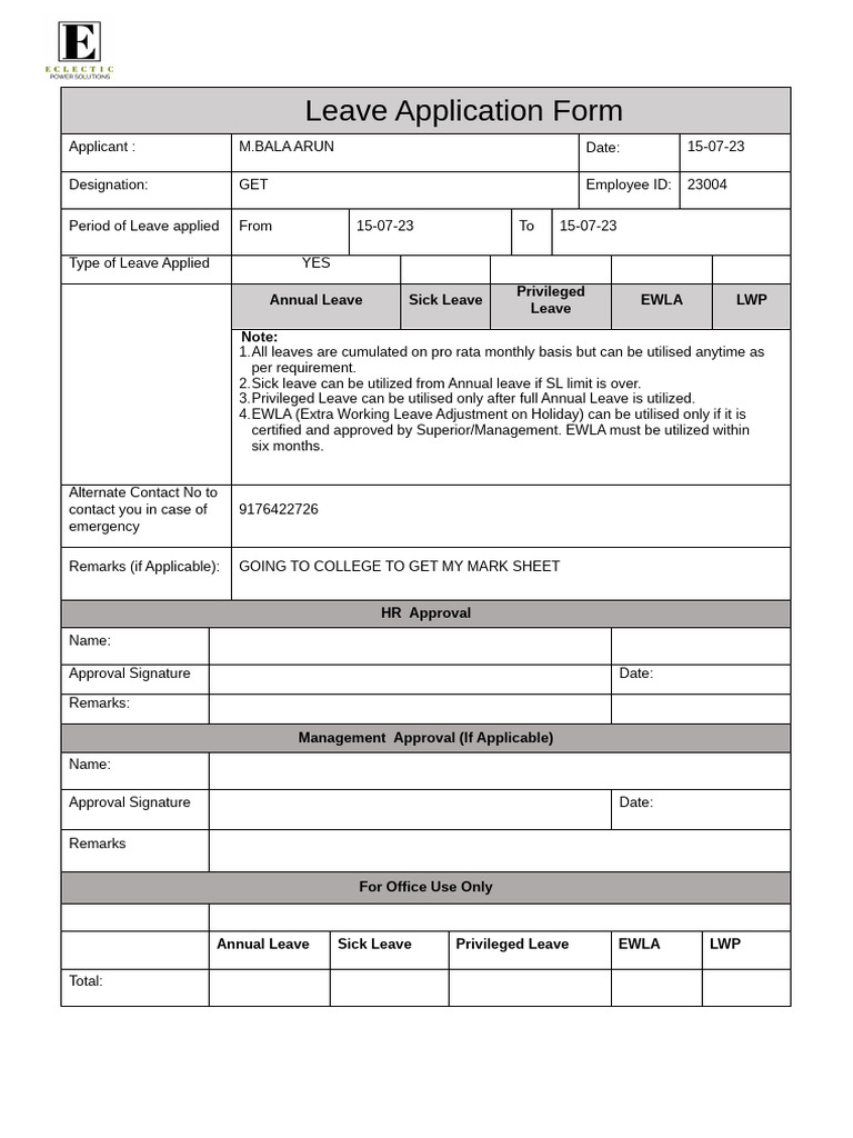 Leave Application Form | PDF