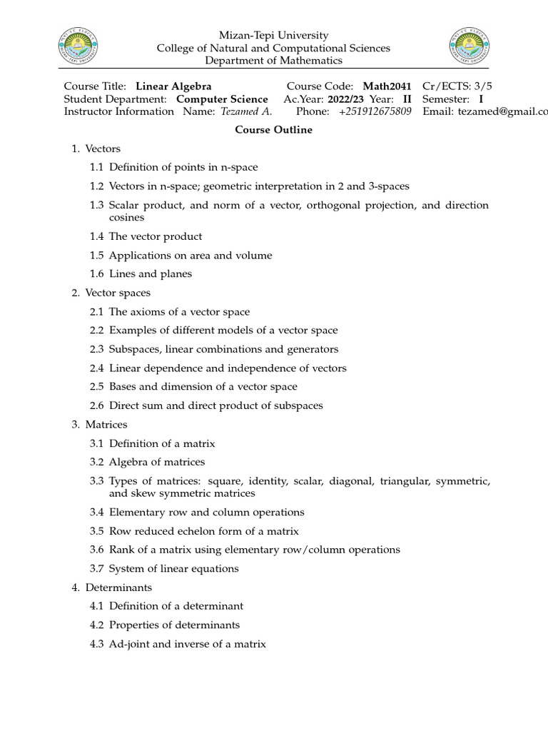 Linea Algebra Course Outline | PDF | Matrix (Mathematics) | Vector Space
