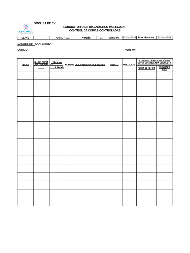 GNML-F-002 Ver 01 Control de Copias Controladas | PDF