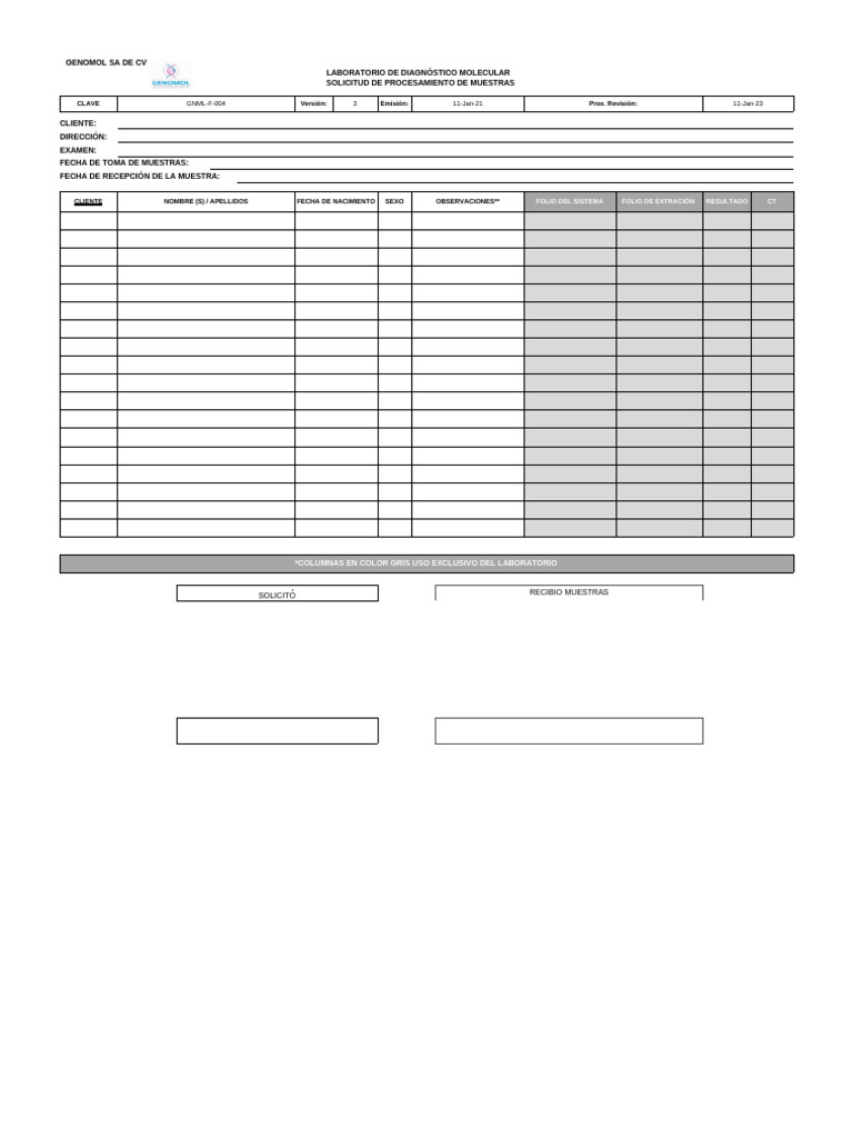 GNML-F-004 Ver 03 Solicitud de Procesamiento de Muestras | PDF