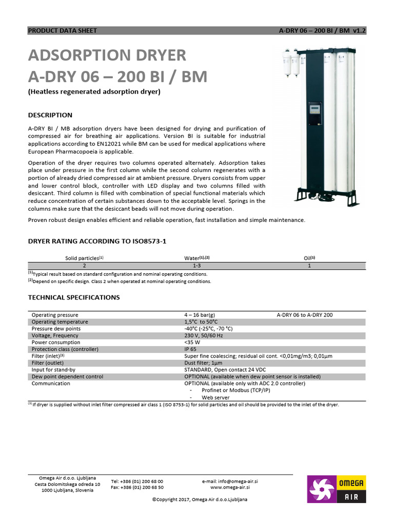 Omega - Air - Product - Data - Sheet - Adsorption - Dryer - A-DRY - 06 ...
