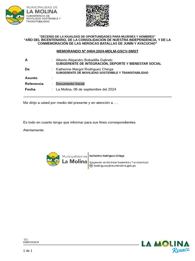 Memorando #0404-2024-MDLM-GSCV-SMST | PDF | Política | Viajes y turismo