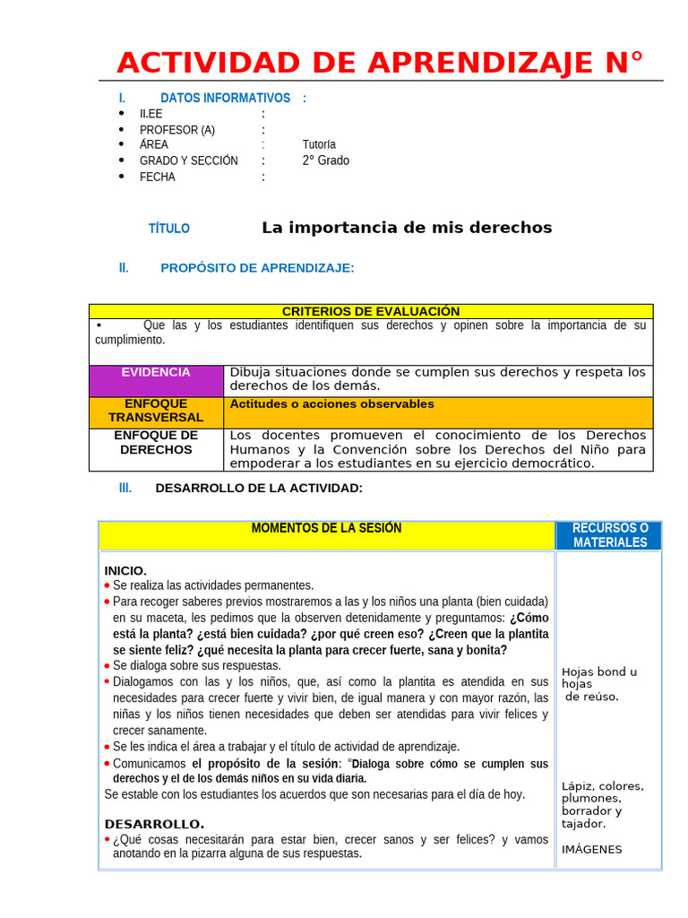 Sesión La Importancia de Mis Derechos | PDF | Evaluación