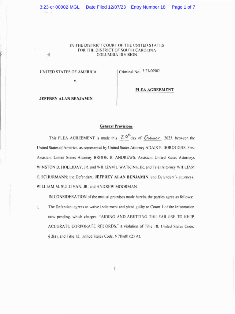 Jeffrey Alan Benjamin: Plea Agreement | PDF | Plea Bargain | Plea