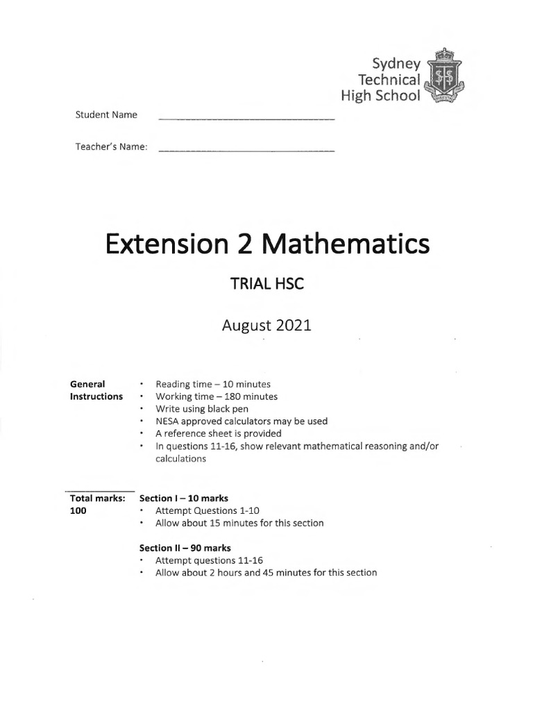 2021 Sydney Technical High School - X2 - Trial - Questions | PDF ...