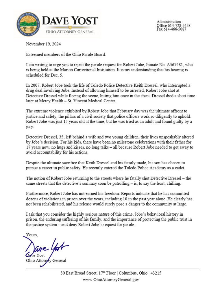 Dave Yost Letter To Ohio Parole Board | PDF | Parole | Prison