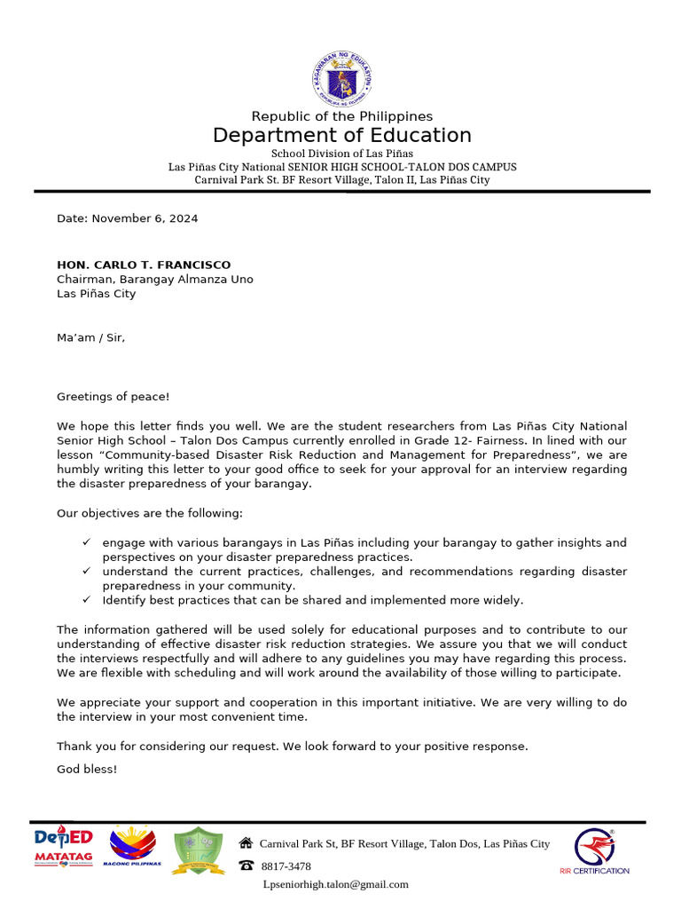 Letter To The Barangay Chairman | PDF