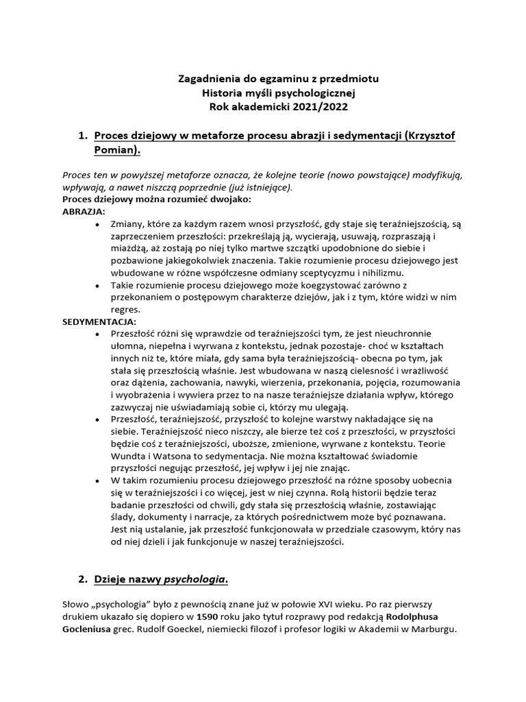 Historia Mysli Psychologicznej Opracowanie | PDF