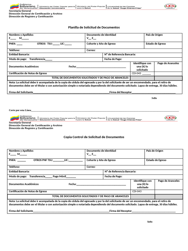 Planilla de Solicitud de Documentos para Notas Certificadas Pnfa-2024 | PDF | Documento de ...