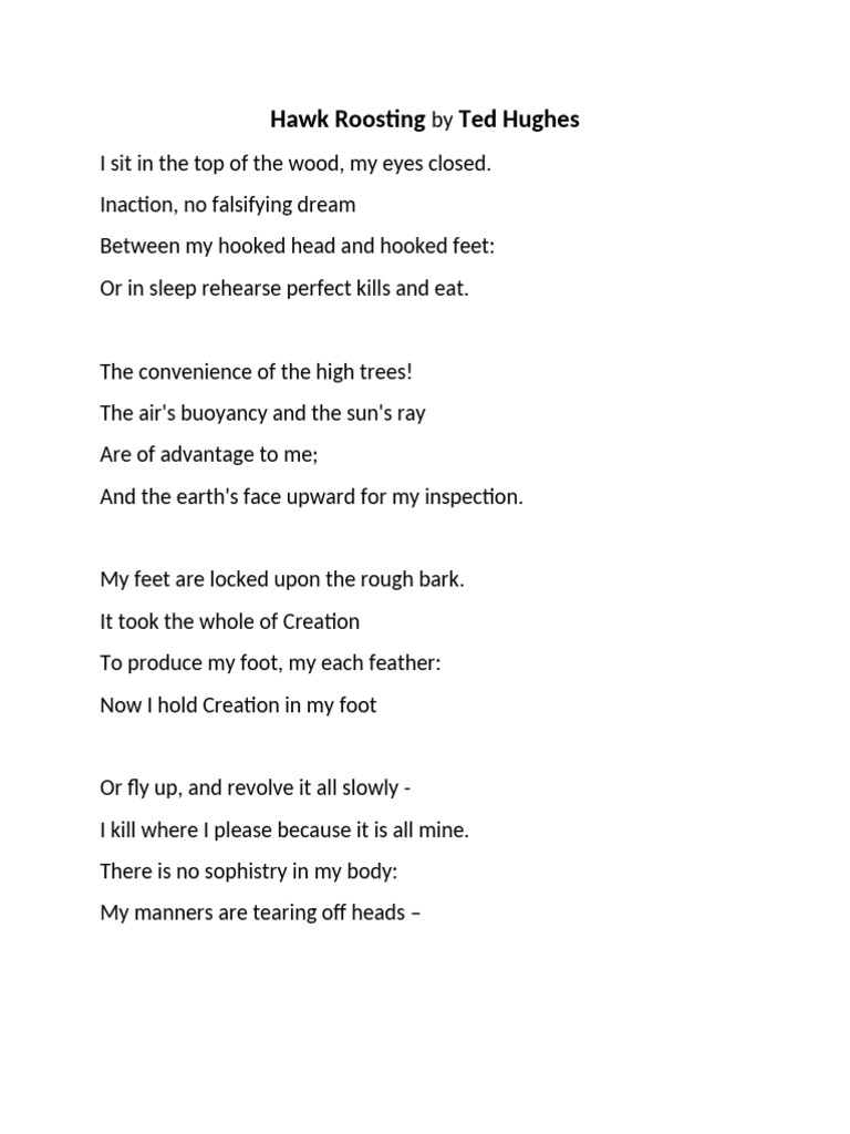 Hawk Roosting by Ted Hughes | PDF | General Fiction