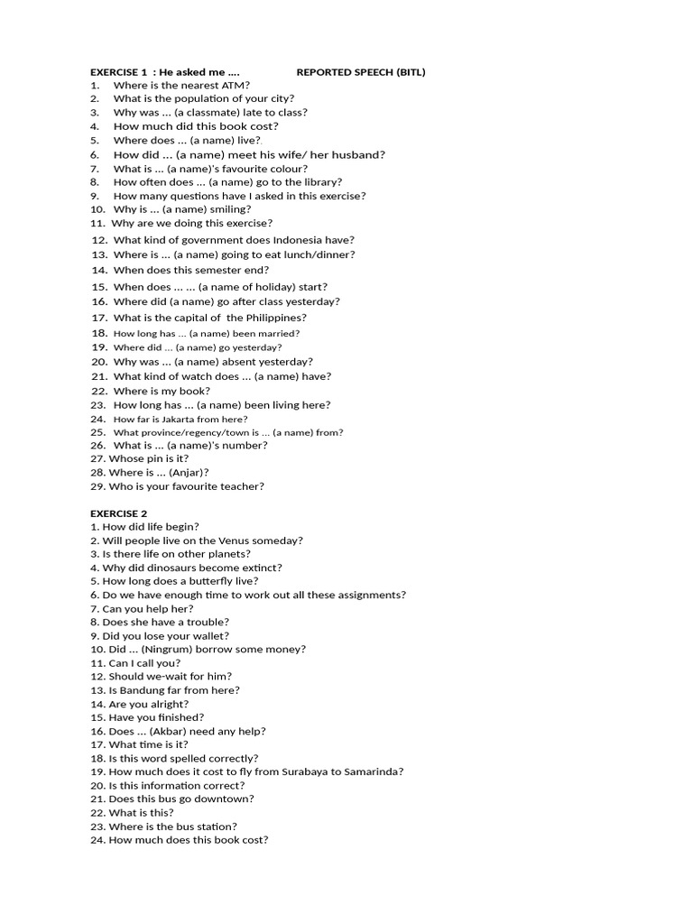 BITL Reported Speech WH & Yes No Q | PDF | Language Arts & Discipline