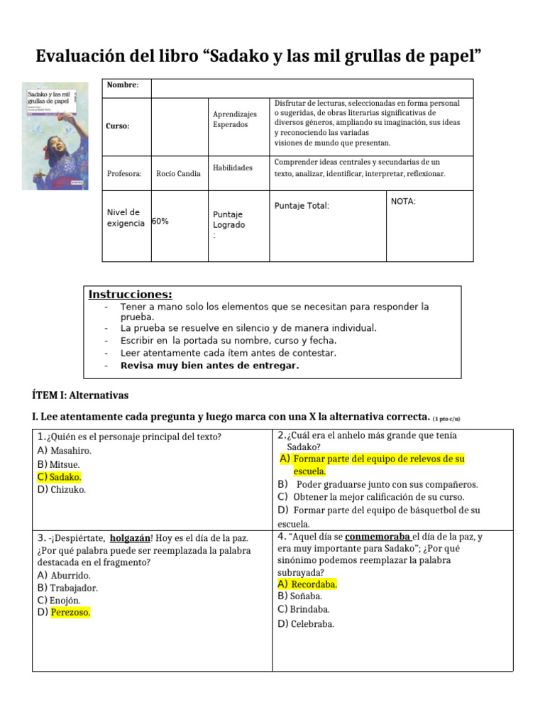 Respuestas Sadako y Las Mil Grullas de Papel | PDF | Ficción general