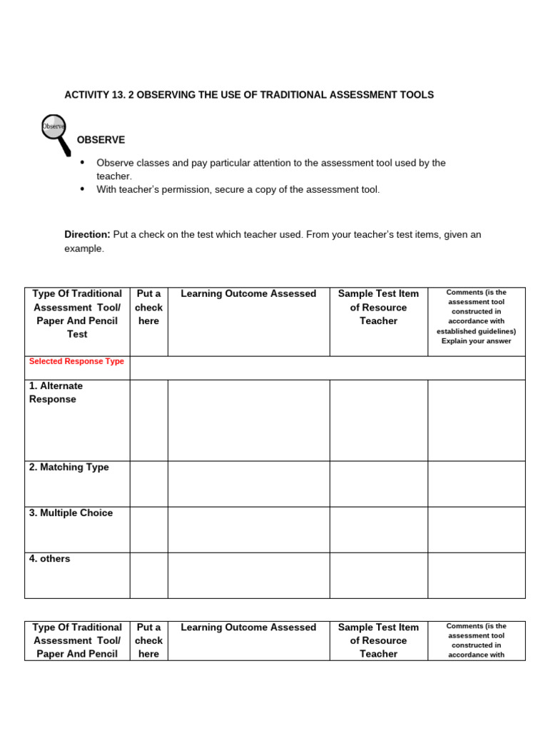 Activity 13. 2 Observing The Use of Traditional Assessment Tools | PDF ...