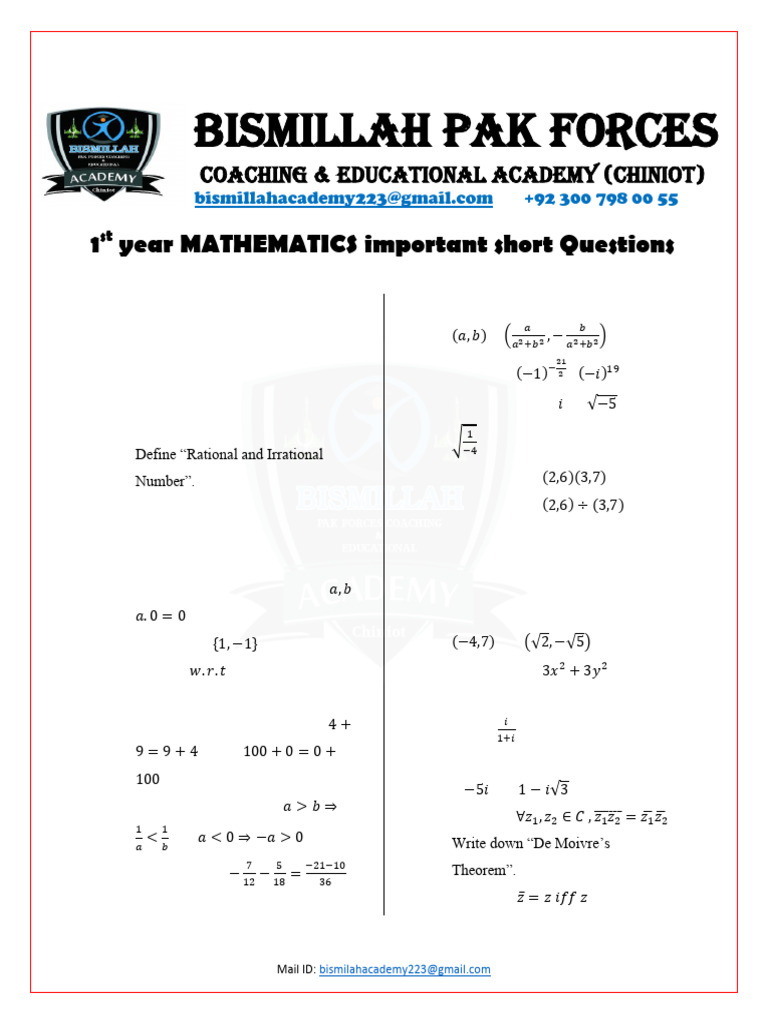 Important 1st Year Math Questions | PDF | Complex Number | Complex Analysis