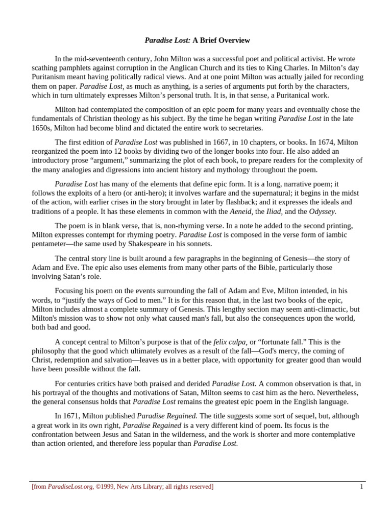 Overview of Milton's Paradise Lost | PDF | Paradise Lost | Satan