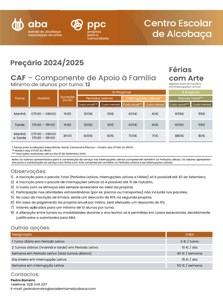 CAF - Tab. Valores Alcobaça 2024-2025 | PDF