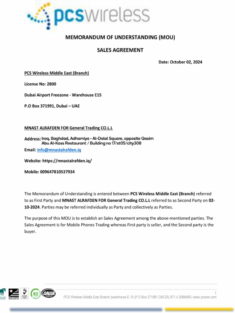 MEMORANDUM OF UNDERSTANDING (MOU) Mnast Al-Rafidain For General Trading Company0 | PDF