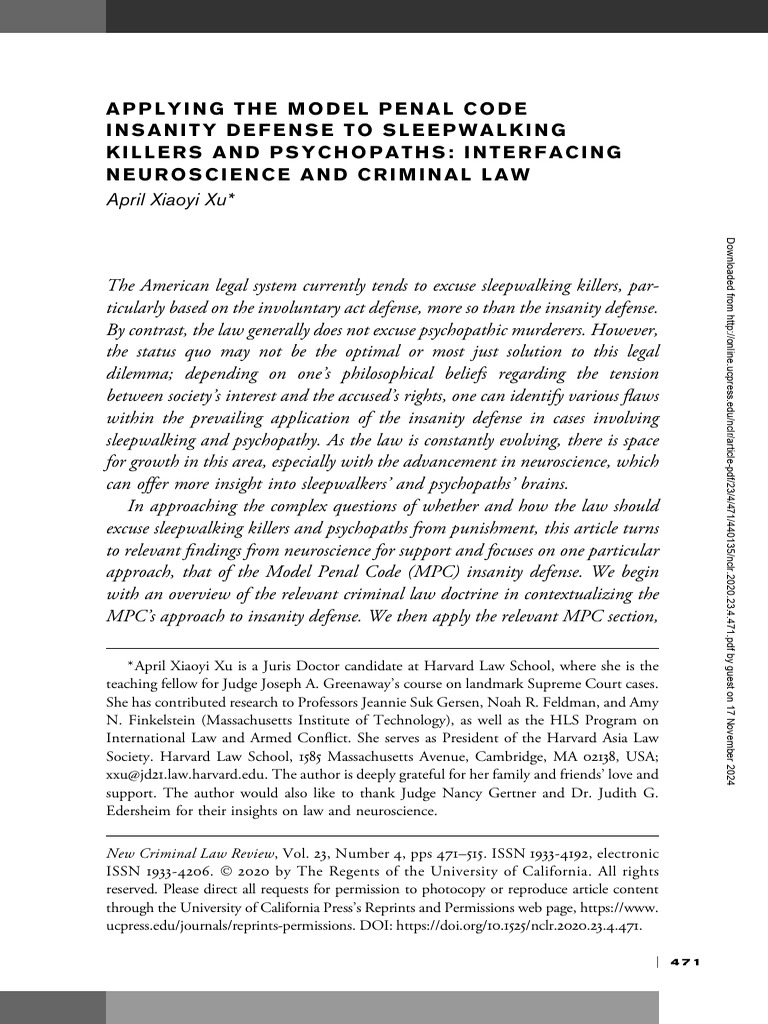 Xiaoyi Xu, Applying The Model Penal Code Insanity Defence To ...